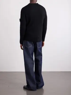 Stone Island Logo-appliquéd Ribbed Virgin Wool Sweater - Black