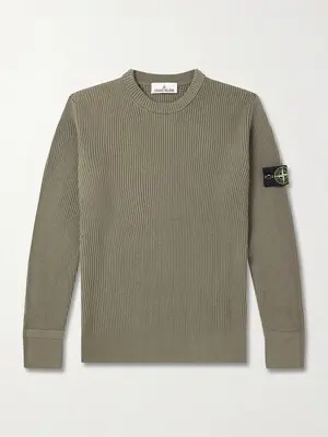 Stone Island Logo-appliquéd Ribbed Cotton-blend Sweater - Green