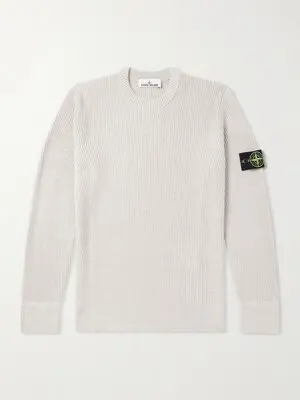 Stone Island Logo-appliquéd Ribbed Virgin Wool Sweater - Gray
