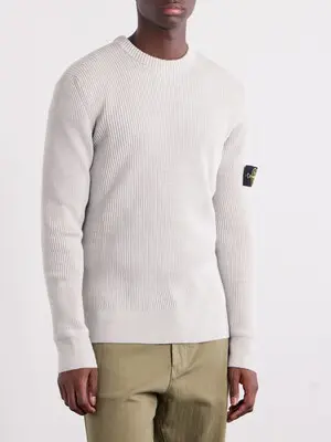 Stone Island Logo-appliquéd Ribbed Virgin Wool Sweater - Gray
