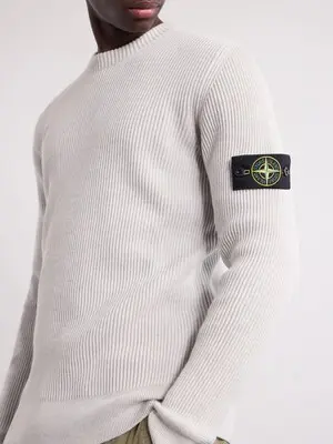 Stone Island Logo-appliquéd Ribbed Virgin Wool Sweater - Gray