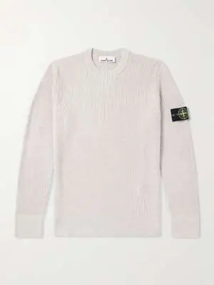 Stone Island Logo-appliquéd Ribbed Virgin Wool Sweater - Light Gray