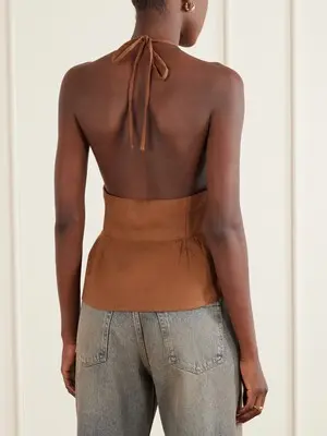 SIR. Freja Linen Halterneck Peplum Tank - Brown