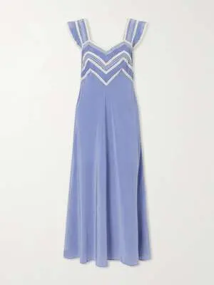 Rixo Bailee Crochet-trimmed Silk-crepe De Chine Midi Dress - Blue