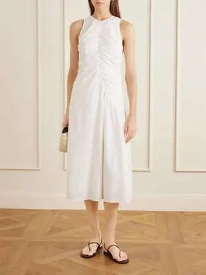 Theory Ruched Cotton-blend Sateen Midi Dress
