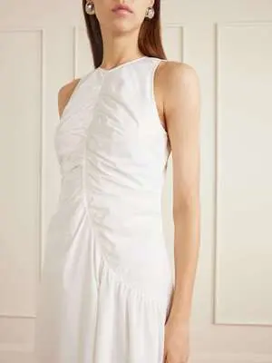 Theory Ruched Cotton-blend Sateen Midi Dress