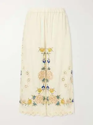 Sea Addona Floral-embroidered Broderie Anglaise-trimmed Cotton Wide-leg Pants - Cream