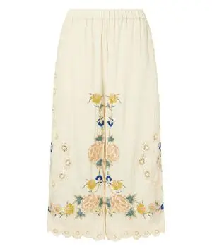 Sea Adonna Embroidered Cotton Wide-leg Cropped Pants - Neutrals