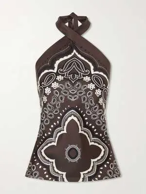 NILI LOTAN Solal Printed Silk Halter Top - Brown