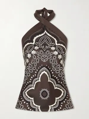 NILI LOTAN Solal Printed Silk Halter Top - Brown