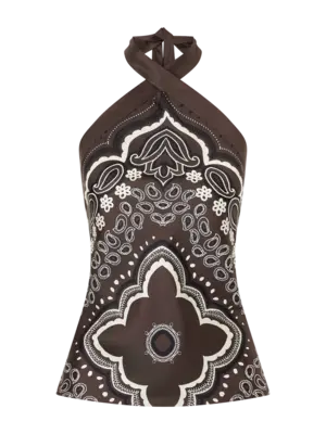 NILI LOTAN Solal Printed Silk Halter Top - Brown