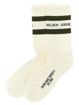 GOLDEN GOOSE Ribbed Distressed Crew Socks With Logo Detail - Green
