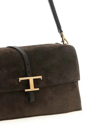 TOD'S Suede Shoulder Bag With 't Timeless' Metal Plate - Brown