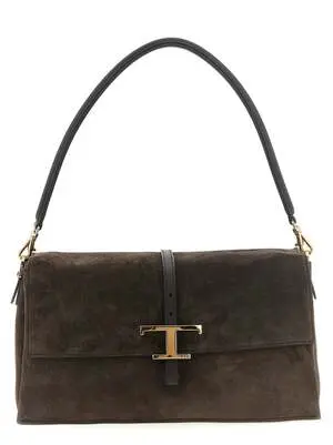 TOD'S Suede Shoulder Bag With 't Timeless' Metal Plate - Brown