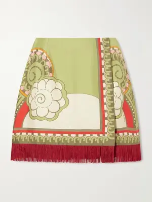 La DoubleJ Foulard Fringed Silk-twill Mini Skirt - Green