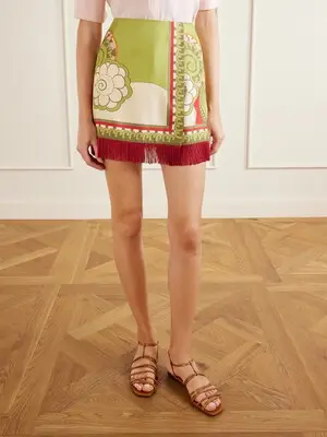 La DoubleJ Foulard Fringed Silk-twill Mini Skirt