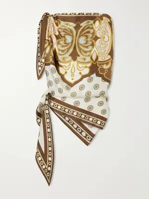 La DoubleJ Asymmetric Knotted Printed Silk-satin Blouse - Brown
