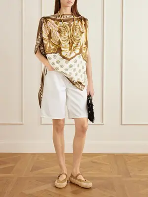 La DoubleJ Asymmetric Knotted Printed Silk-satin Blouse - Brown