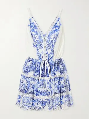Camilla Printed Embroidered Cotton And Silk-blend Mini Dress