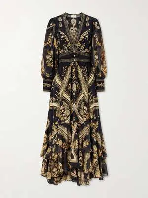 Camilla Embroidered Printed Silk-crepe Maxi Dress - Black