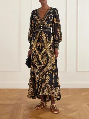 Camilla Embroidered Printed Silk-crepe Maxi Dress - Black