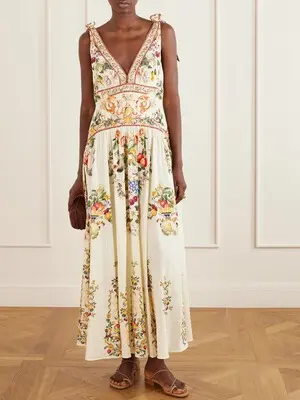Camilla Printed Embellished Linen And Silk-blend Maxi Dress