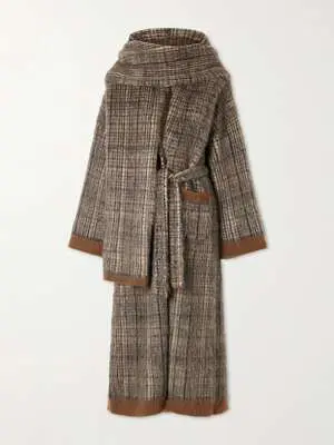 Brunello Cucinelli Scarf-detailed Belted Checked Brushed Wool-blend Coat - Gray