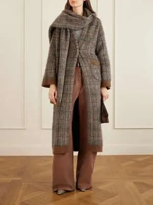 Brunello Cucinelli Belted Checked Wool-blend Coat With Integrated Scarf