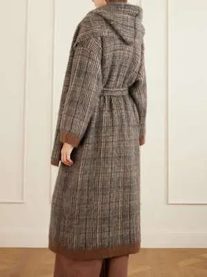 Brunello Cucinelli Belted Checked Wool-blend Coat With Integrated Scarf