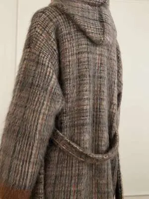 Brunello Cucinelli Belted Checked Wool-blend Coat With Integrated Scarf