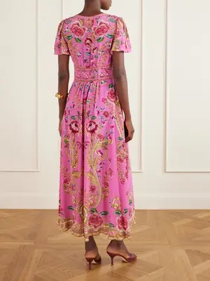Camilla Embroidered Printed Silk Maxi Dress - Pink