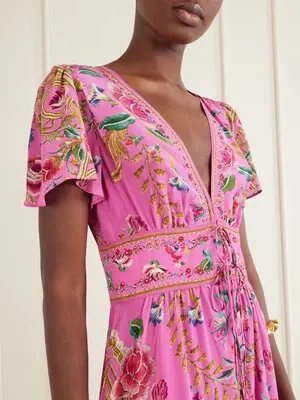 Camilla Embroidered Printed Silk Maxi Dress - Pink