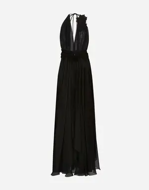 Dolce & Gabbana Long Silk Chiffon Dress With Floral Appliqu