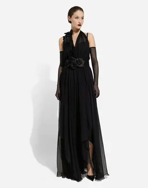 Dolce & Gabbana Long Silk Chiffon Dress With Floral Appliqu