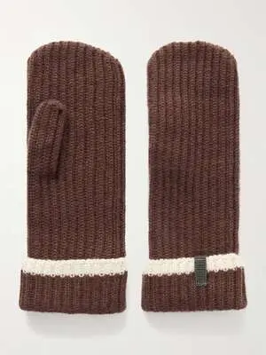 Brunello Cucinelli Bead-embellished Striped Ribbed Cashmere Mittens