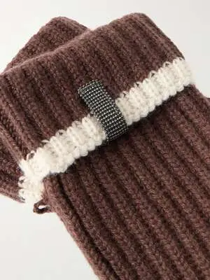 Brunello Cucinelli Bead-embellished Striped Ribbed Cashmere Mittens