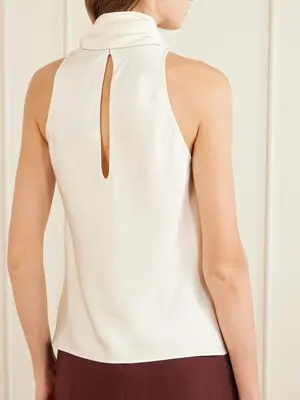 Brunello Cucinelli Asymmetrical Hem Silk-satin Blouse With Scarf Detail - White