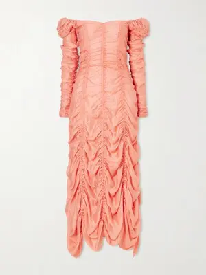 Khaite Judith Off-shoulder Draped Ruched Silk-blend Midi Dress - Orange
