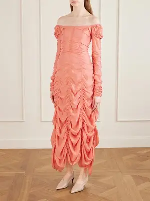 Khaite Judith Off-shoulder Draped Ruched Silk-blend Midi Dress - Orange