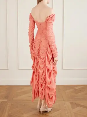 Khaite Judith Off-shoulder Draped Ruched Silk-blend Midi Dress - Orange