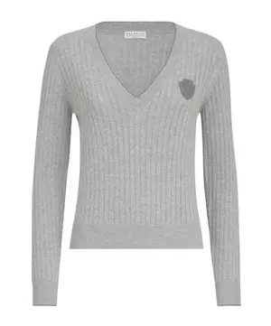 Brunello Cucinelli V-neck Ribbed Cotton Sweater With Logo Detail
