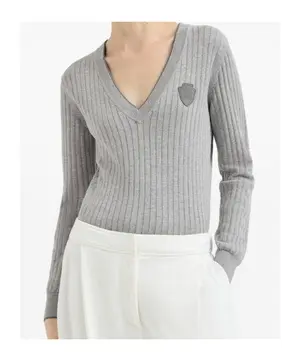 Brunello Cucinelli V-neck Ribbed Cotton Sweater With Logo Detail