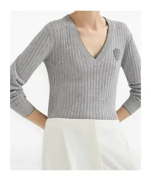 Brunello Cucinelli V-neck Ribbed Cotton Sweater With Logo Detail