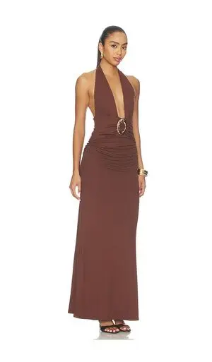 RUNAWAY THE LABEL Arina Halter V-neck Maxi Dress In Brown - Espresso