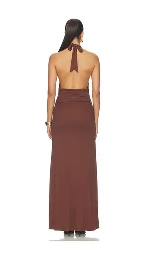 RUNAWAY THE LABEL Arina Halter V-neck Maxi Dress In Brown - Espresso