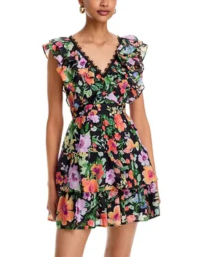 Aqua Floral Ruffle Sleeve Mini Dress