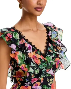 Aqua Floral Ruffle Sleeve Mini Dress
