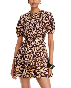 Aqua Leaf Print Smocked Puff Sleeve Mini Dress