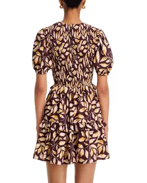 Aqua Leaf Print Smocked Puff Sleeve Mini Dress