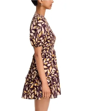 Aqua Leaf Print Smocked Puff Sleeve Mini Dress